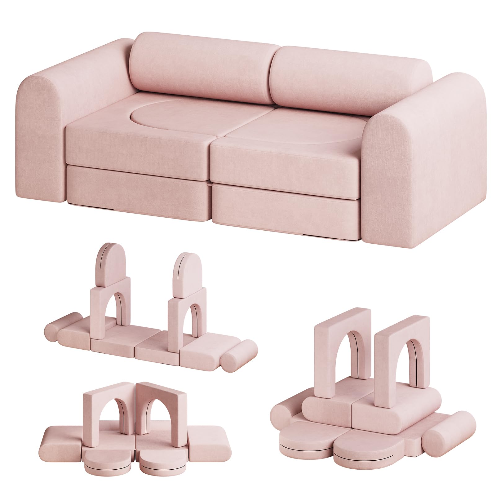 DEYGIA Modular Kids Play Couch, 10PCS Kids Modular Couch with 2 Arches and 2 Round Handrail, Kids Couch for Playroom, Modular Kids Couch for Boys and Girls, Modular Couch Kids (Pink)