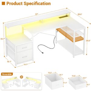 Aheaplus L Shaped Desk with File Drawer, Reversible L Shaped Computer Desk Gaming Desk with Power Outlet & LED Strip, Home Office Desk with Monitor Shelf, Corner Desk with Storage Shelves, White