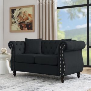 azsjml 58.8" chesterfield loveseat velvet sofa for living room,modern upholstered 2-seater couch, tufted velvet casual sofa rolled arms and nailhead with 2 pillows for bedroom, office, black