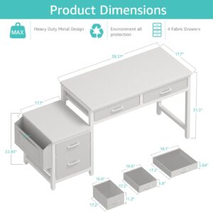 Lufeiya White Computer Desk with Fabric File Drawers Cabinet, 57 Inch Home Office Desks with Reversible Filing Cabinet Printer Stand for Small Space, Study Writing Table PC Vanity Desks, White