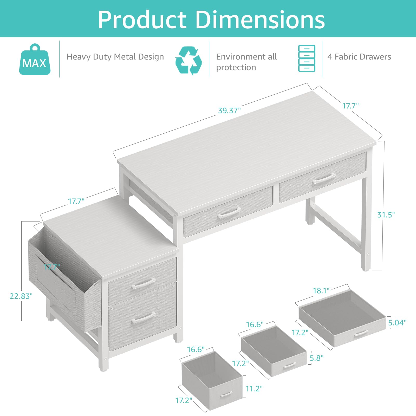 Lufeiya White Computer Desk with Fabric File Drawers Cabinet, 57 Inch Home Office Desks with Reversible Filing Cabinet Printer Stand for Small Space, Study Writing Table PC Vanity Desks, White