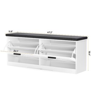 Homleke Shoe Storage Bench with 2 Flip Drawers, Entryway Bench with Padded Seat Cushion, Shoe Cabinet with 2 Barn Doors, 11.8" D x 47.2" W x 18.4" H, for Entryway, Living Room, Bedroom, White