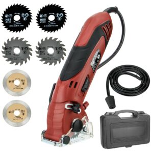 brzoxin mini circular saw set, handheld circular saw corded 3400rmp 400w 110v max cutting depth ½ inch/12mm w/6 blades, multifunction compact circular saw for wood drywall tile soft metal pvc pipe