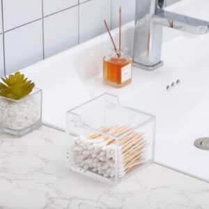 Qtip Holder Cotton Ball Dispenser Acrylic Container for Cotton Swab, Cotton Pads, Floss Picks Restroom Containers Bathroom Essentials Accessories Decor Vanity Storage Organizer, 3.3'' x 3.2'' x 2.75''