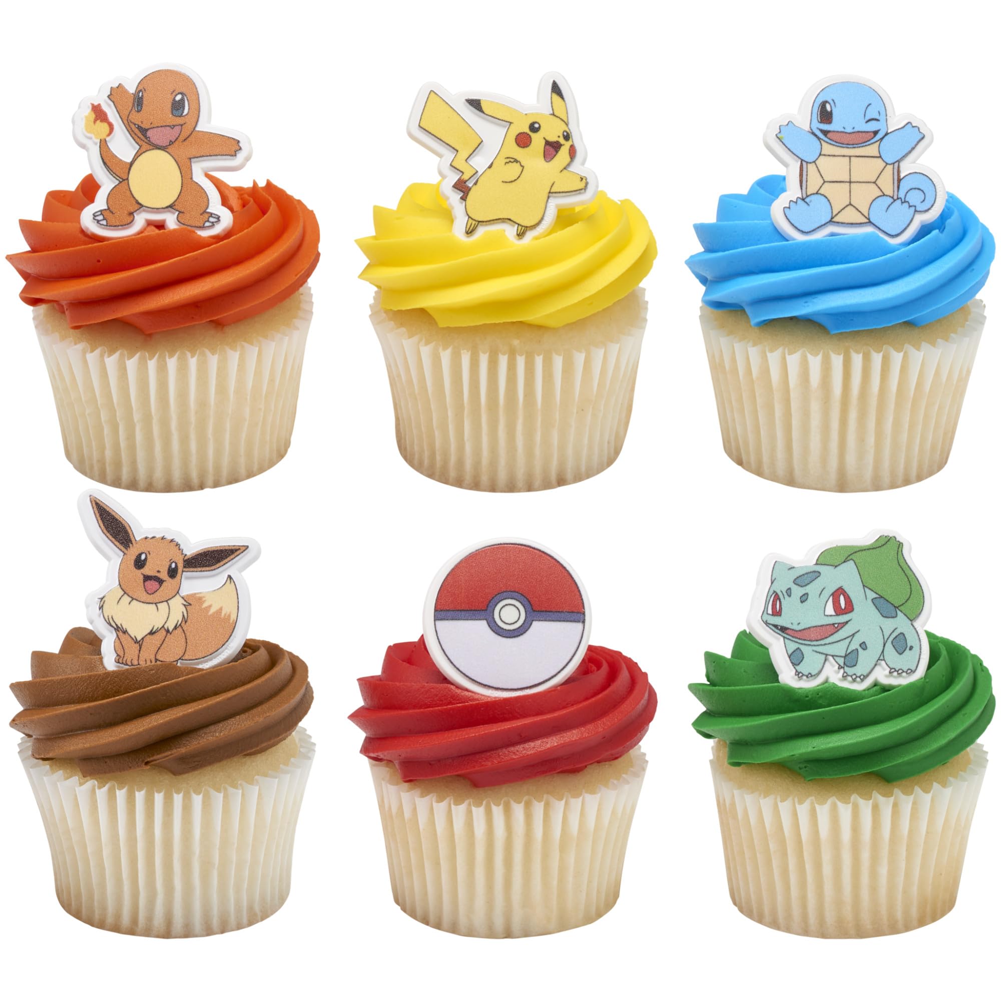 DecoPac Pokémon Rings, Cupcake Decorations With Pikachu, Bulbasaur, Eevee, Charmander, Squirtle, and Poké Ball, Multicolored Food Safe Cake Toppers – 24 Pack