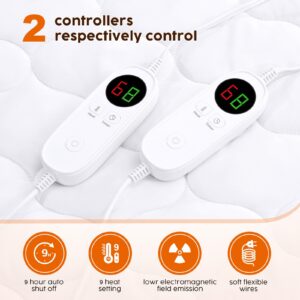 JinJeeo Heated Mattress Pad Queen Electric Mattress Pads Electric Bed Warmer Fit up to 21" with 11 Heat Settings Dual Controller 9 Hours Auto Shut Off, White