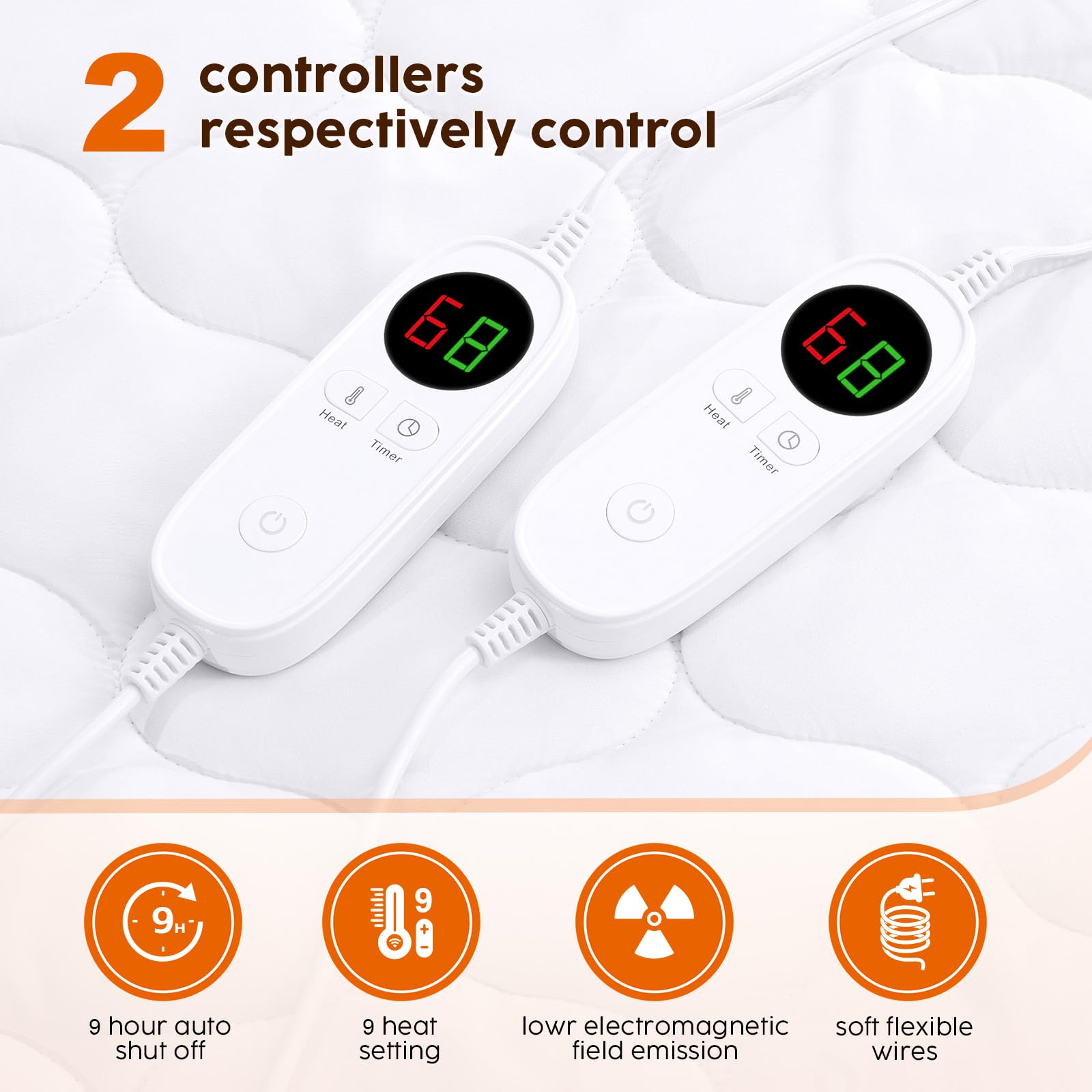 JinJeeo Heated Mattress Pad Queen Electric Mattress Pads Electric Bed Warmer Fit up to 21" with 11 Heat Settings Dual Controller 9 Hours Auto Shut Off, White