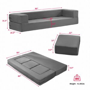 MUZZ Folding Sofa Bed with 3 Ottomans, 80''W Velvet Upholstered Sofa Couch, Multifunctional Sleeper Floor Bed for Bedroom/Living Room/Apartment (Light Grey)