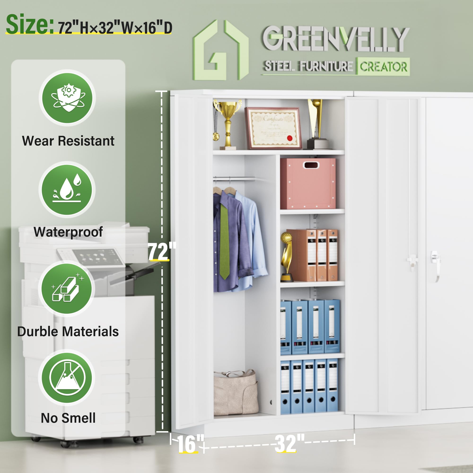 Greenvelly Metal Wardrobe Closet with Doors and Shelves,72" Armoire Wardrobe Closet for Hanging Clothes for Office, Home, School, Employee,Gym(White)