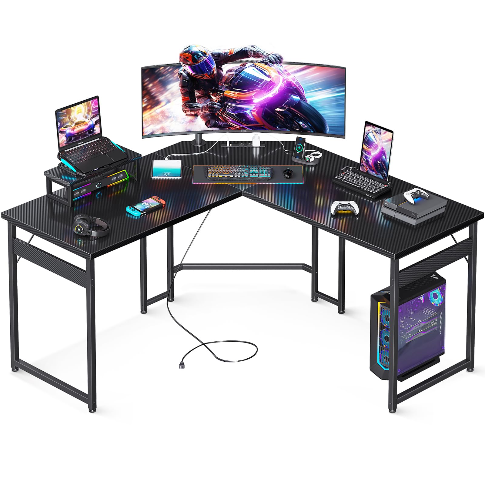 Casaottima 51 inch L Shaped Gaming Desk with Power Outlets and USB Port, Corner Desk Gaming Table with Monitor Stand for Home Office, Computer Desk for Small Space, Carbon Fiber Surface, Black