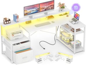 aheaplus l shaped desk with file drawer, reversible l shaped computer desk gaming desk with power outlet & led strip, home office desk with monitor shelf, corner desk with storage shelves, white