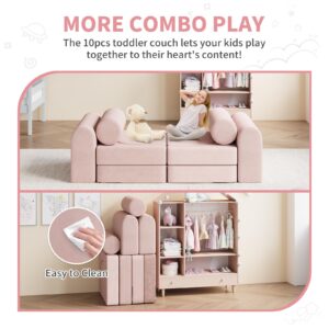 DEYGIA Modular Kids Play Couch, 10PCS Kids Modular Couch with 2 Arches and 2 Round Handrail, Kids Couch for Playroom, Modular Kids Couch for Boys and Girls, Modular Couch Kids (Pink)