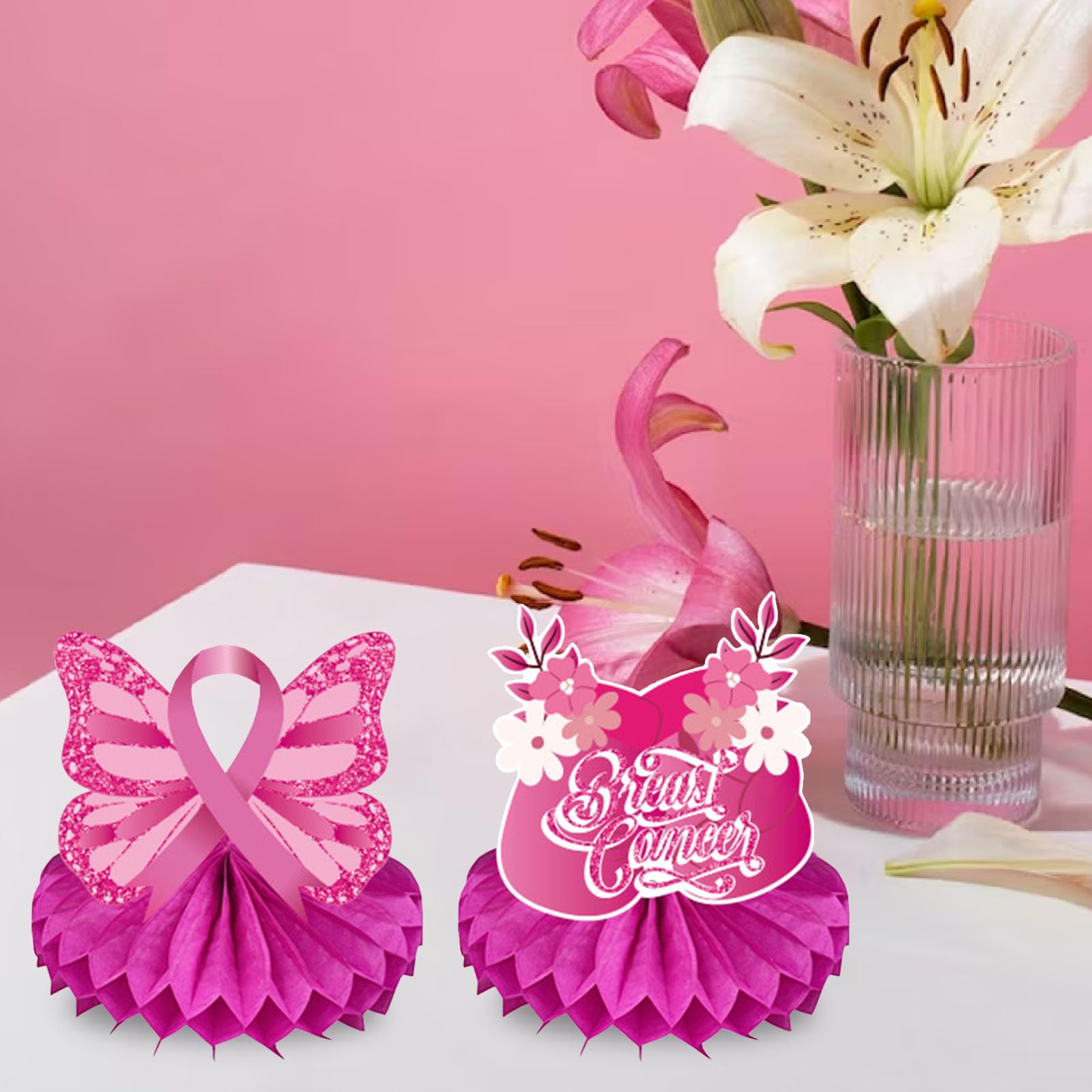 Glodecart 9PCS Breast Cancer Awareness Honeycomb Table Centerpiece for Home, Fight Cancer Theme Pink Ribbon Breast Cancer Table Topper Centerpiece Decorations for Table Decor Charity Party Supplies