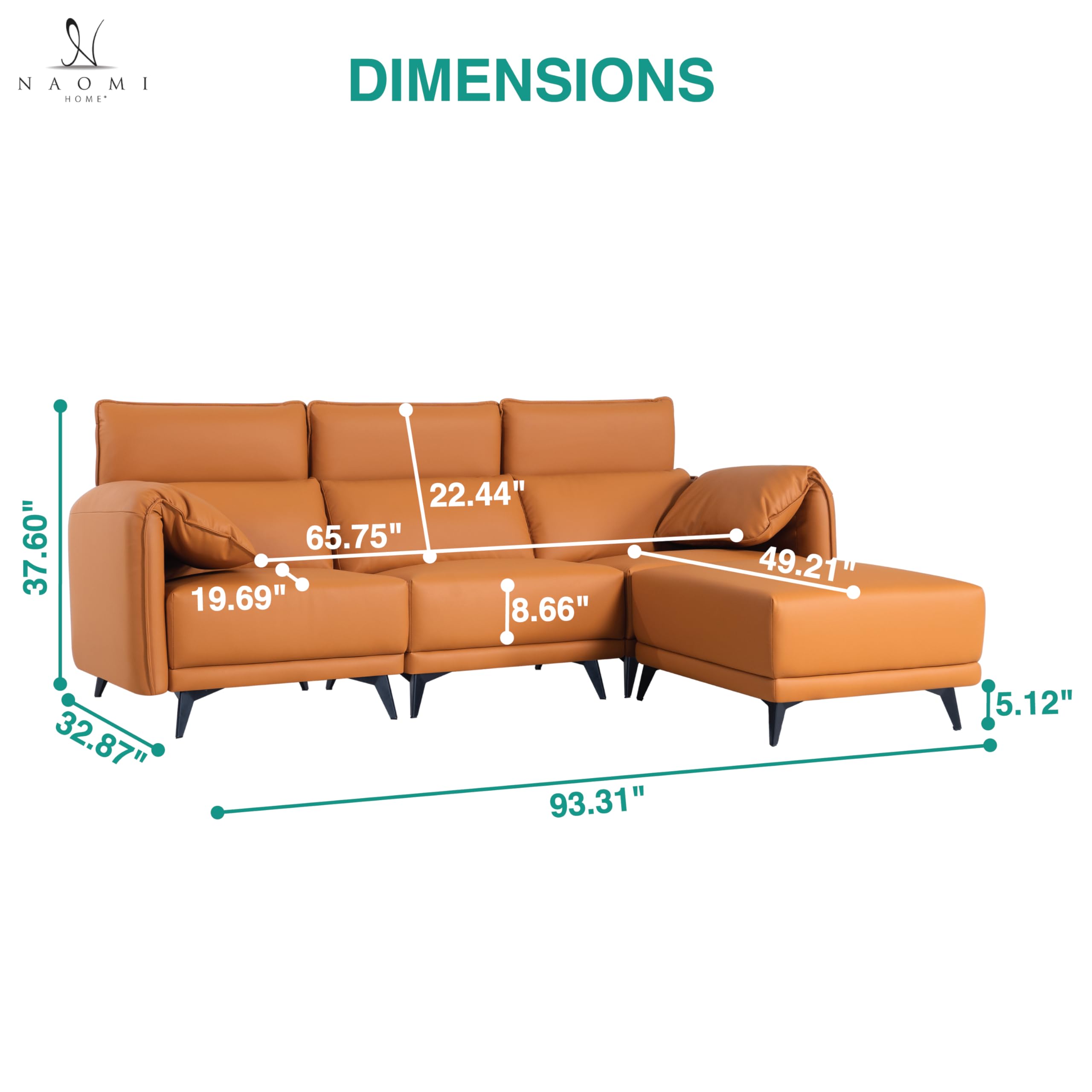 Naomi Home High Back Sectional Sofa, Pet-Friendly and Easy to Clean Oversized L-Shaped Sofa with Ottoman, Convertible Couch with Headrests and Armrest Pillows for Living Room or Apartment, Caramel