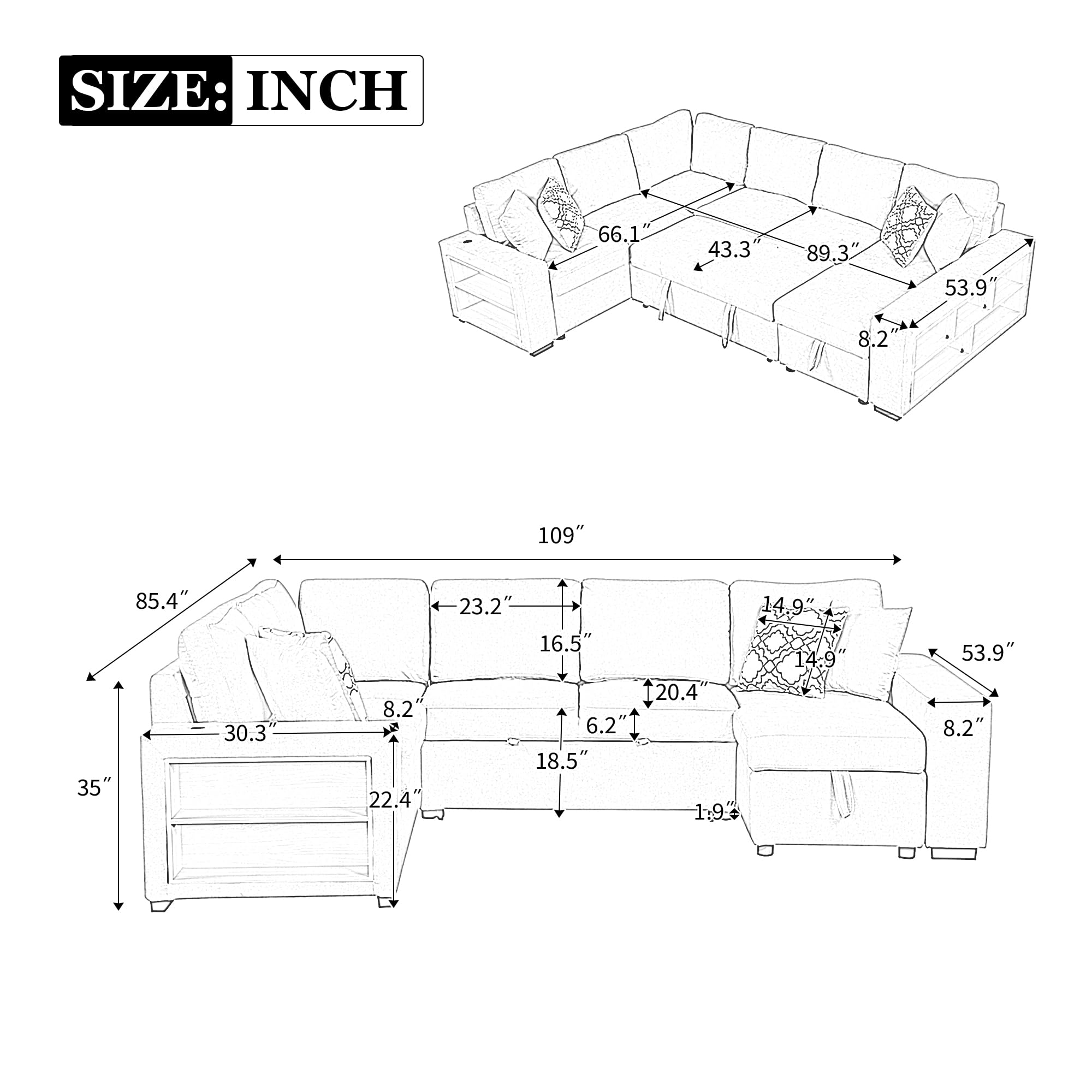 Merax 109" Large Sectional Sleeper Sofa with Pull Out Bed, Storage Chaise/Shelf & USB Ports, Dark Gray Oversized 5 Seat U-Shaped Couch Set, Convertible Sofabed for Living Room and Apartment, Grey