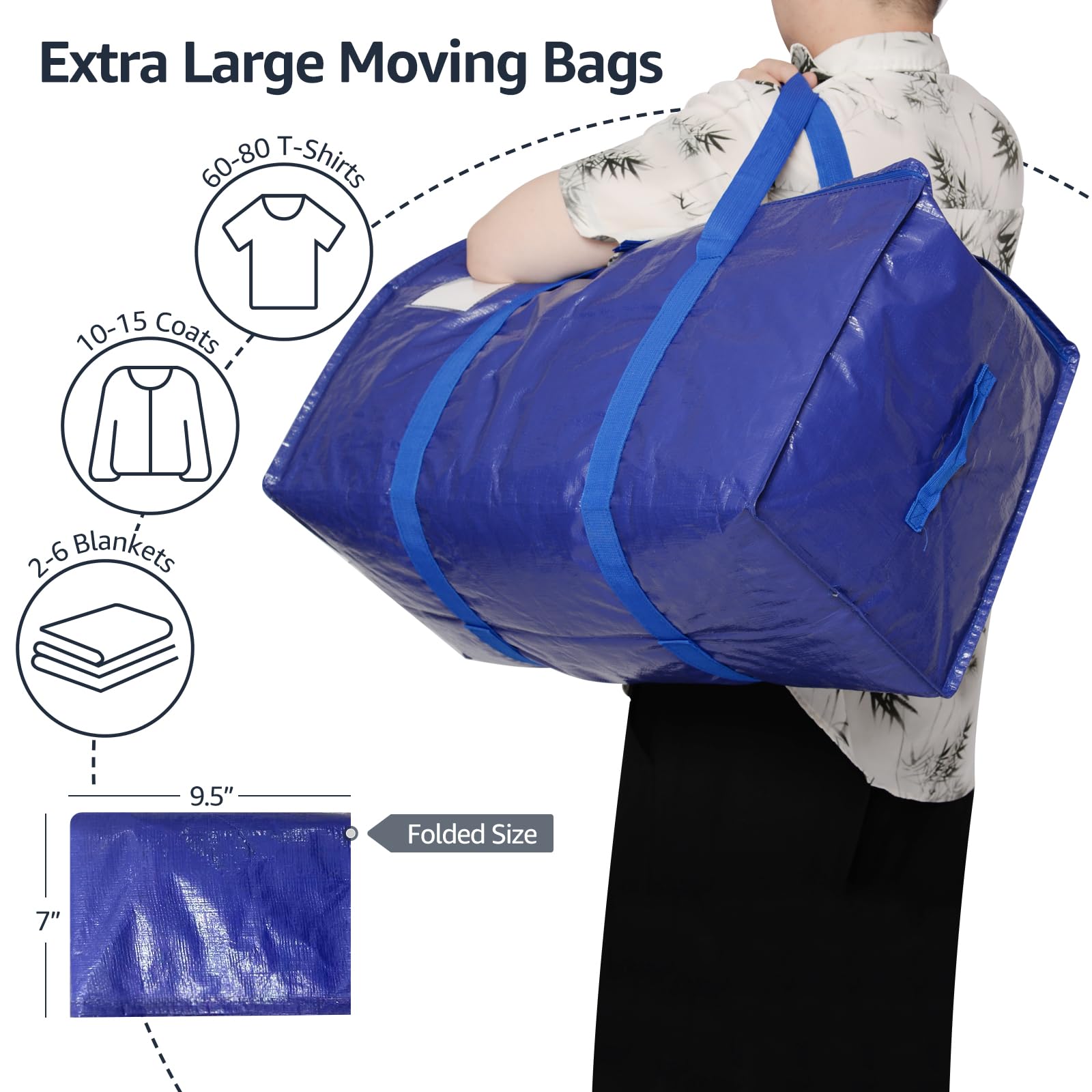 Moving Bags Heavy Duty Extra Large, Alternative for Moving Boxes & Moving Supplies, Storage Bag with Handles, Lid&Zippers, Packing Bags for Clothes, Camping & College Moving Essentials(Blue, 6 Pack)