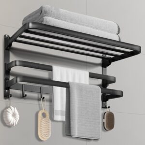 24 inch towel racks for bathroom wall mounted,foldable towel shelf with towel bar and hooks,space aluminum matte black towel rack with shelf,rustproof towel organizer for bathroom,hotel or balcony