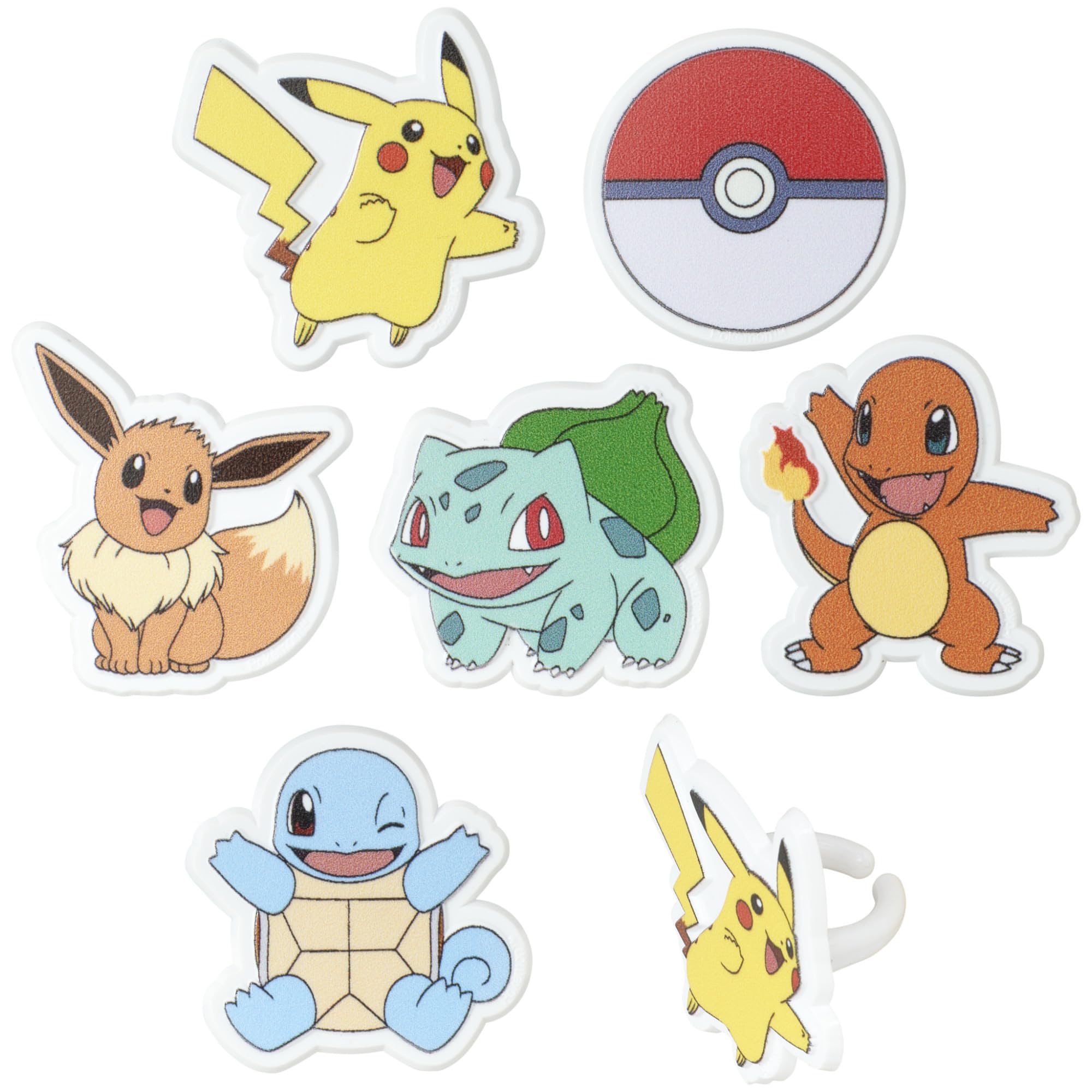 DecoPac Pokémon Rings, Cupcake Decorations With Pikachu, Bulbasaur, Eevee, Charmander, Squirtle, and Poké Ball, Multicolored Food Safe Cake Toppers – 24 Pack