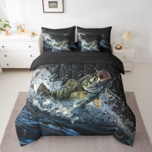 feelyou big pike fish comforter set with sheets bass big fish hunting and fishing themed 7 piece bedding set for kids boys girls black underwater animals bed in a bag for independence day queen size