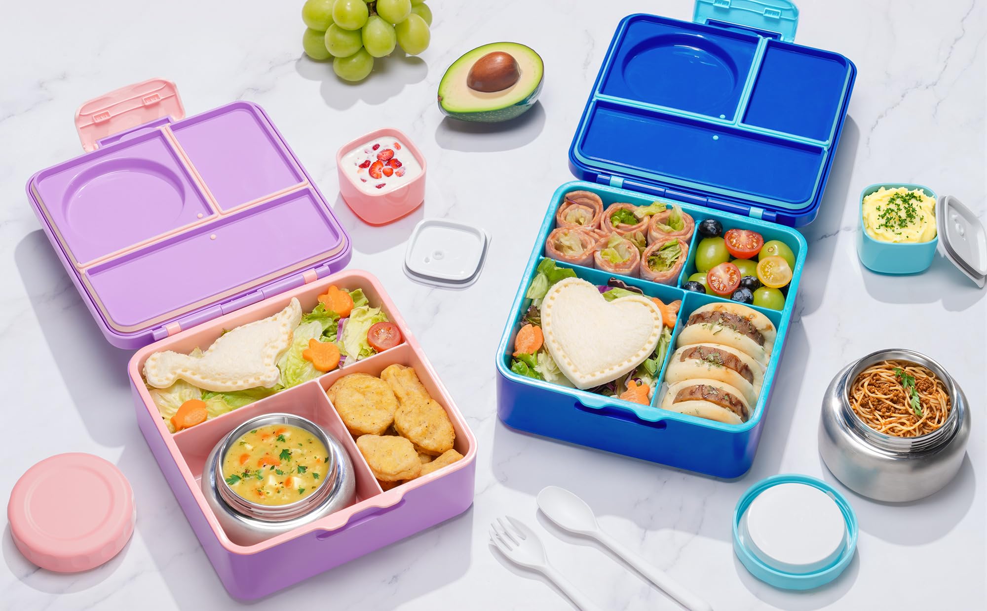 Fimibuke Bento Box for Kids Adult, BPA Free & Leakproof Toddler Lunch Box with 8.5oz Insulated Thermos Food Jar, Utensils & Sauce Jar, Dishwasher Safe 3 or 4 Compartment Container for School Girl Boy