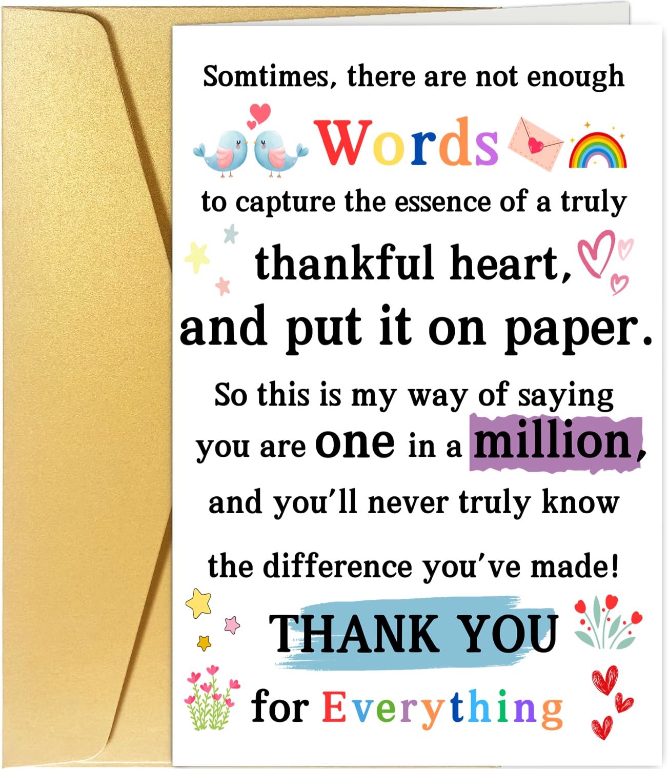 CUNCUN Lovely Thank You Card for Friend, Poem Thank You Card for Teacher, Appreciation Card for Boss Coworker, Sweet Friendship Card for Him Her, One in A Million