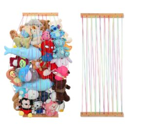 phoenancee stuff animal organizer for plushies,stuffed animal storage wall,plush toys holder net zoo for kids nursery playroom bedroom,save space,length adjustable,upgraded,2 pack(natural wood)