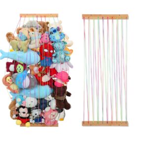 PHOENANCEE Stuff Animal Organizer for Plushies,Stuffed Animal Storage Wall,Plush Toys Holder Net Zoo for Kids Nursery Playroom Bedroom,Save Space,Length Adjustable,Upgraded,2 Pack(Natural Wood)