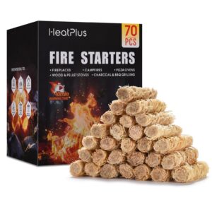 heatplus fire starter -70 pcs fire starters for campfires, fireplace, grill, wood & pellet stove, fire pit, bbq, survival, ooni pizza ovens, water resistant and odorless safe for indoor/outdoor use