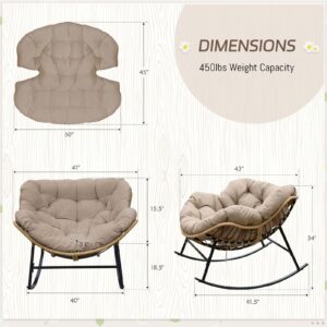 BULEXYARD Outdoor Papasan Rocking Chair with Padded Cushion, Oversized PE Rattan Comfy Royal Rocking Chair Indoor, Modern Comfy Patio Egg Mamasan Rocker Lounge Chair (2 Pcs, Brown)