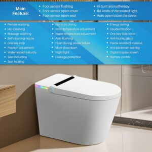 Smart Bidet Toilet with Unlimited Heated Water/Adjustable Washing Settings/Air Dryer/LED-light, One Piece Bidet-Toilet with Remote Control/Auto Open&Close Cover