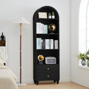 nvethm 75.59" tall bookcase, 4 tier arched bookshelf with 2 drawers, modern book display storage cabinet for living room, bedroom, reading room, home office (black)