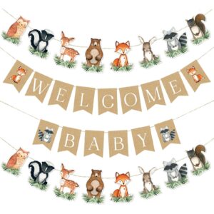 woodland baby shower banner, woodland animals party decorations, woodland welcome baby banners, forest animals party supplies for boys girls, woodland creatures baby shower birthday party decor