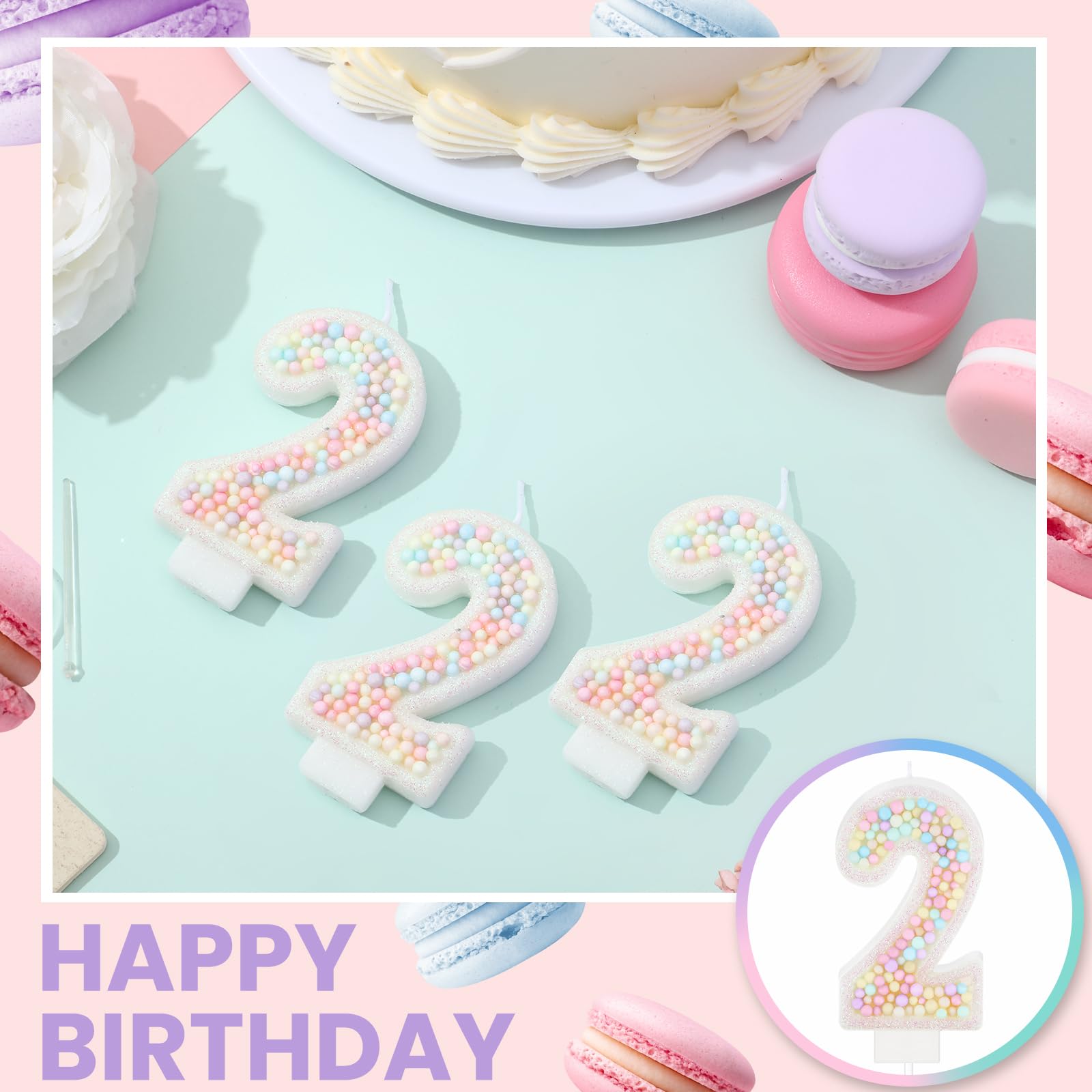 MTLEE Number 2 Candle Pastel Birthday Candle Macaron Glitter 3D Rainbow Number Candle Cake Topper for Girl Boy Birthday Wedding Anniversary Sweet Theme Party Decorations