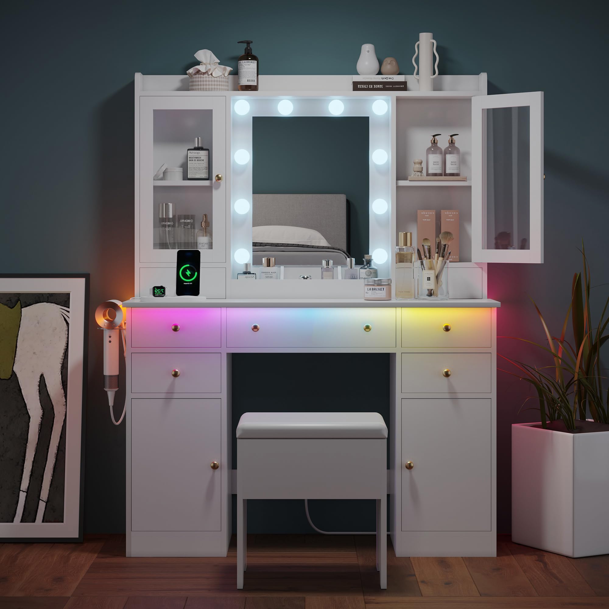 Makeup Vanity Desk with Mirror and Lights, White Vanity Table Set with Storage Drawers, Charging Station, Cabinets & Chair, Large Dressing Table with RGB Ambient Light for Women Girls Bedroom Bathroom