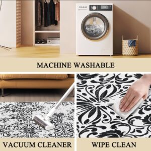 GEMBED Washable Area Rug 5x7 - Soft Non-Slip Floral Area Rug, Non Shedding Low Pile Washable Carpet for Living Room Bedroom Dining Room - Dark Black/White, 5'x7'