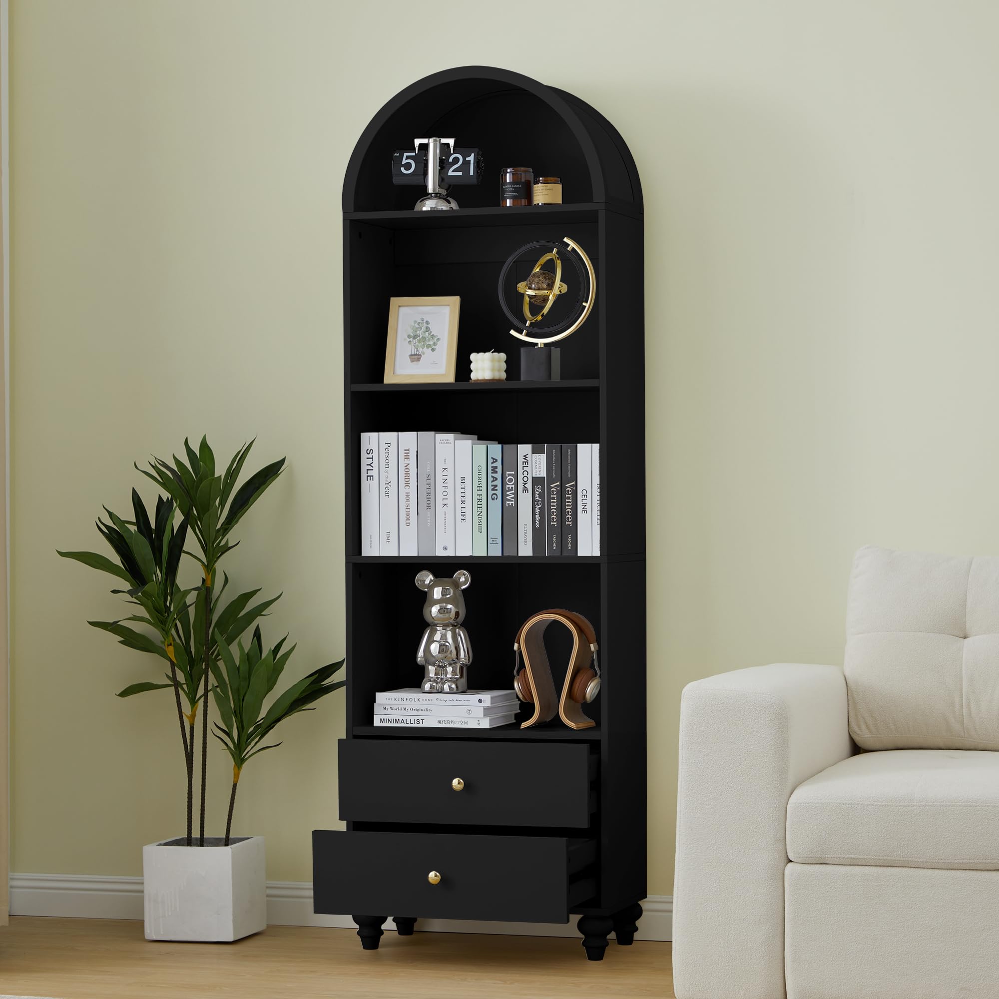 NVETHM 75.59" Tall Bookcase, 4 Tier Arched Bookshelf with 2 Drawers, Modern Book Display Storage Cabinet for Living Room, Bedroom, Reading Room, Home Office (Black)