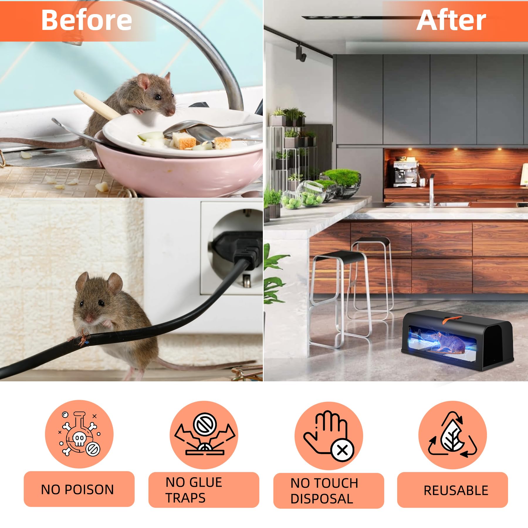 CritterTec Electric Mouse Trap, Electric Rodent Trap Killer for Home with Powerful Voltage Instantly Kills Rats and Mice in Living Room, Kitchen, Garage and More