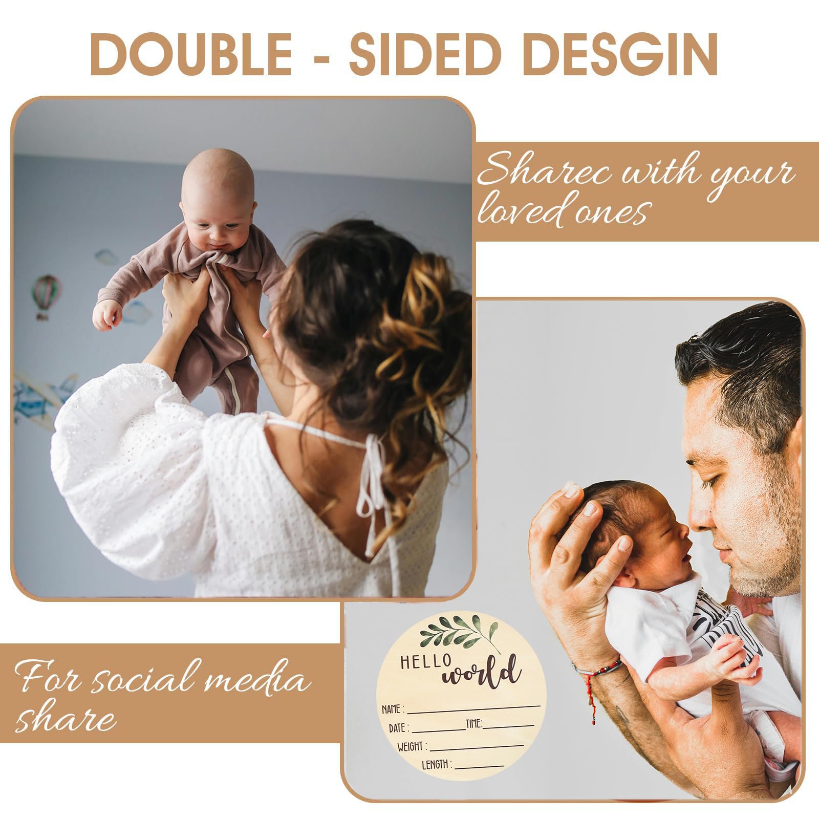 2 Pack Baby Announcement Sign, 5.9 Inch Wooden Hello World Newborn Sign, Double-Sided Pattern Birth Announcement Signs for Photo Props Baby Shower Hospital Nursery