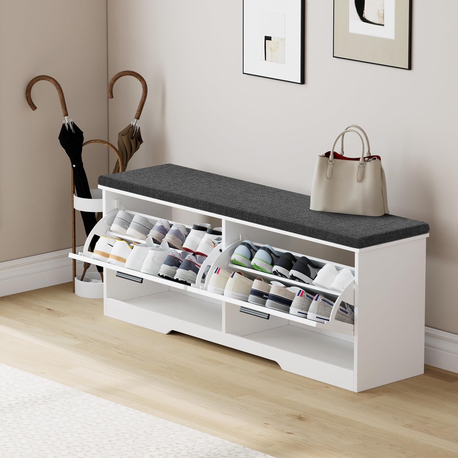 Homleke Shoe Storage Bench with 2 Flip Drawers, Entryway Bench with Padded Seat Cushion, Shoe Cabinet with 2 Barn Doors, 11.8" D x 47.2" W x 18.4" H, for Entryway, Living Room, Bedroom, White