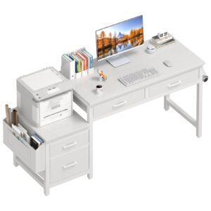 lufeiya white computer desk with fabric file drawers cabinet, 57 inch home office desks with reversible filing cabinet printer stand for small space, study writing table pc vanity desks, white