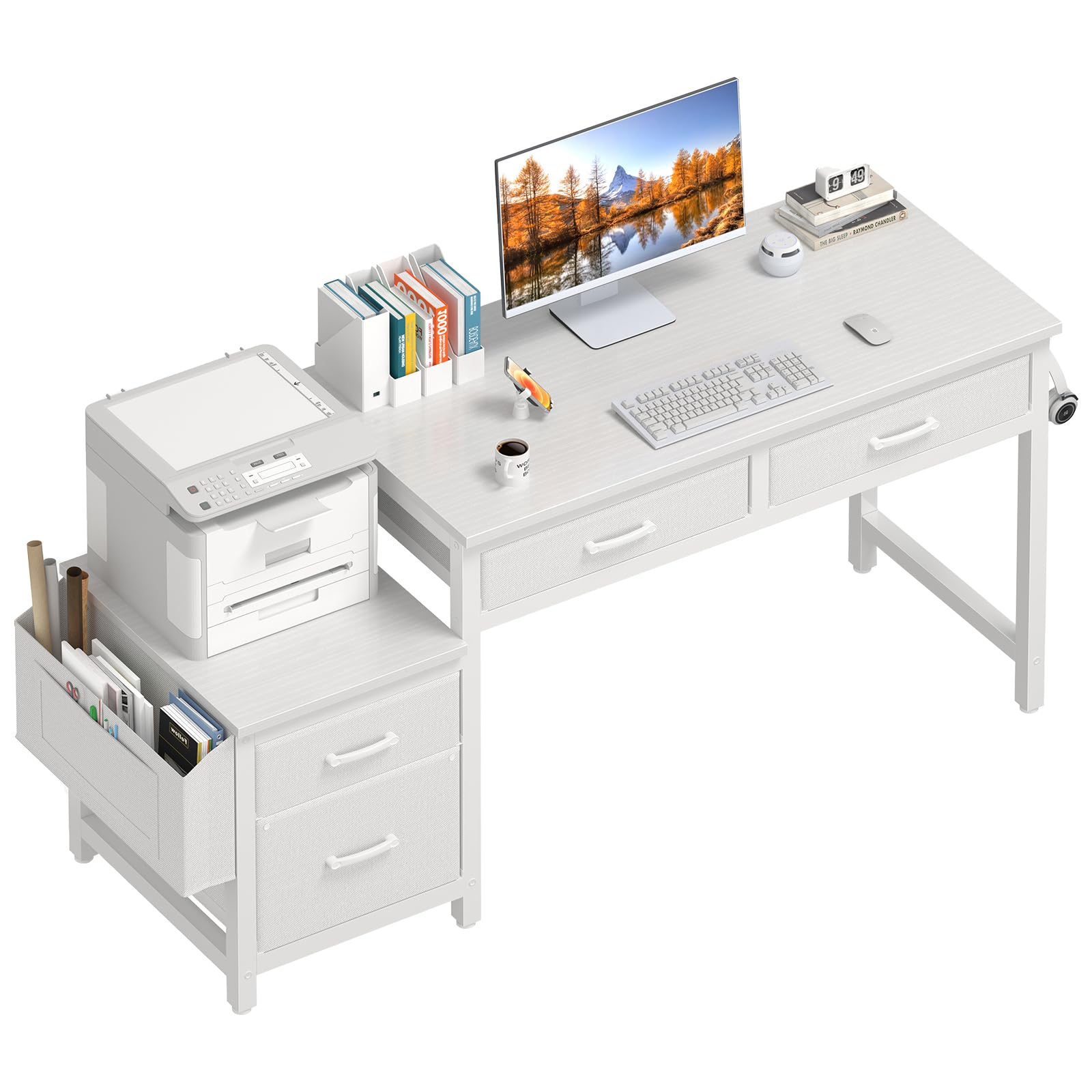 Lufeiya White Computer Desk with Fabric File Drawers Cabinet, 57 Inch Home Office Desks with Reversible Filing Cabinet Printer Stand for Small Space, Study Writing Table PC Vanity Desks, White