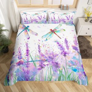 feelyou kids twin dragonfly bedding set purple lavender duvet cover floral dragonfly comforter cover for kids boys girls botanical bedspread cover adult bedroom decor zipper (no comforter)