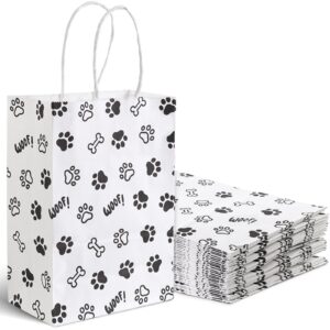 shindel 24pcs party favor bags, kraft paper retail grocery bags paw prints gift bags with handles for christmas children's day boys girls 5.5 x 2.8 x 7.9 inch