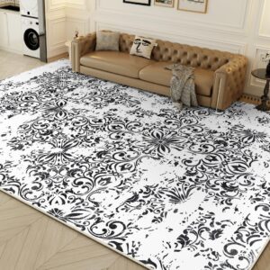 gembed washable area rug 5x7 - soft non-slip floral area rug, non shedding low pile washable carpet for living room bedroom dining room - dark black/white, 5'x7'