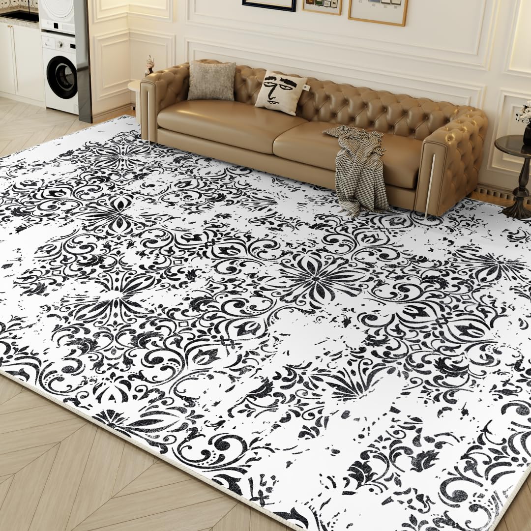 GEMBED Washable Area Rug 5x7 - Soft Non-Slip Floral Area Rug, Non Shedding Low Pile Washable Carpet for Living Room Bedroom Dining Room - Dark Black/White, 5'x7'