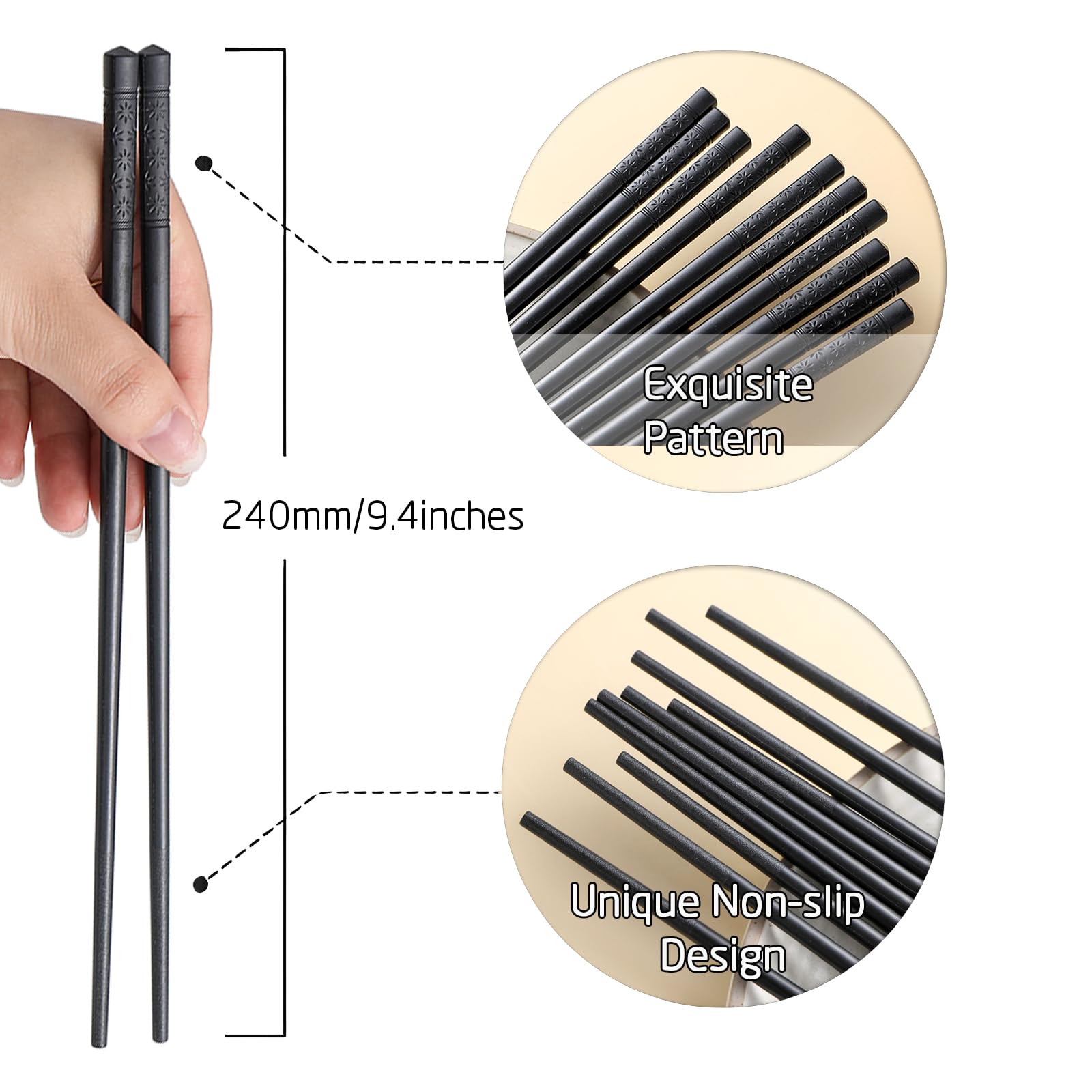 200 Pairs Fiberglass Chopsticks Reusable Chopsticks Dishwasher Safe 9.4 Inches/24cm Non-Slip Japanese Style Sushi Chop Sticks, Black