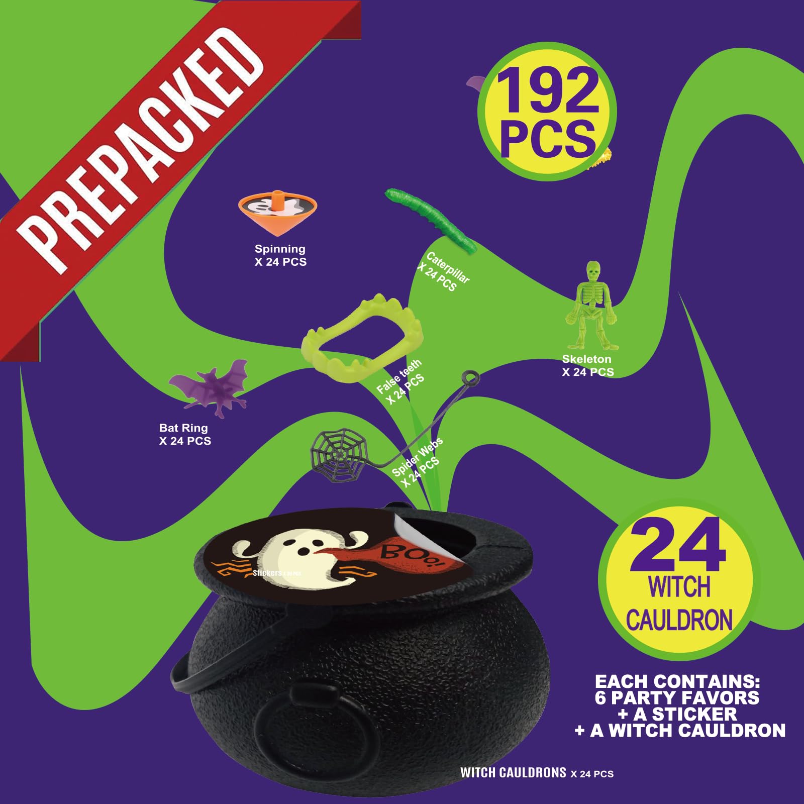 192PCS Halloween Party Favors 24 Packs Refilled Small Plastic Witch Cauldron With Assorted Halloween Toys In Bulk Trick or Treat Miniatures for Classroom Students Exchange Halloween Carnival Prizes