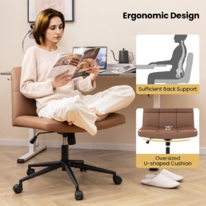 Giantex Criss Cross Chair with Wheels, PU Leather Cross Legged Office Chair, Height-Adjustable Swivel Vanity Chair with U-Shaped Seat, Armless Wide Desk Chair for Home, Office, Make Up, Brown