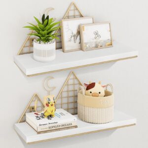 Homode Floating Shelves, Set of 2 Mountain Shelves Wall Decor, Metal and Wood Hanging Shelves Woodland Bookshelf for Nursery, Kids Room, Bathroom, Bedroom, White and Gold