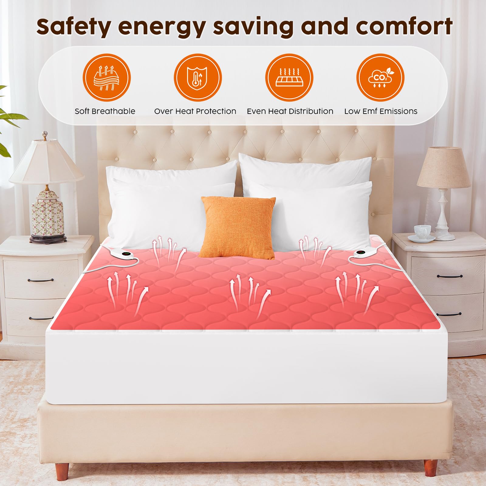 JinJeeo Heated Mattress Pad Queen Electric Mattress Pads Electric Bed Warmer Fit up to 21" with 11 Heat Settings Dual Controller 9 Hours Auto Shut Off, White